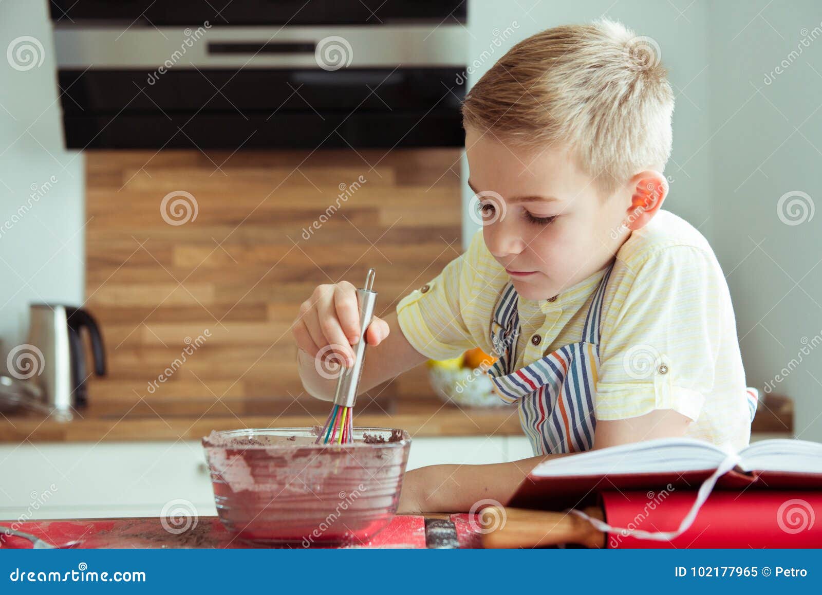 Portrait of Young Boy Preparing Chocolate Cookies at Kitchen Stock ...