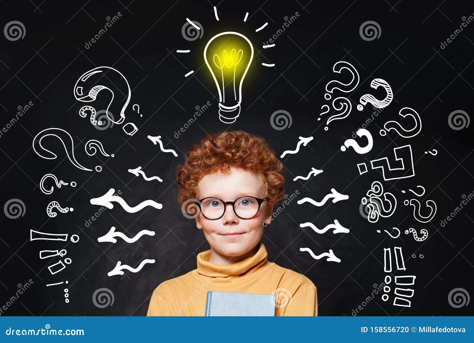 Portrait of Young Boy with Question Marks and Lightbulb Stock Photo ...