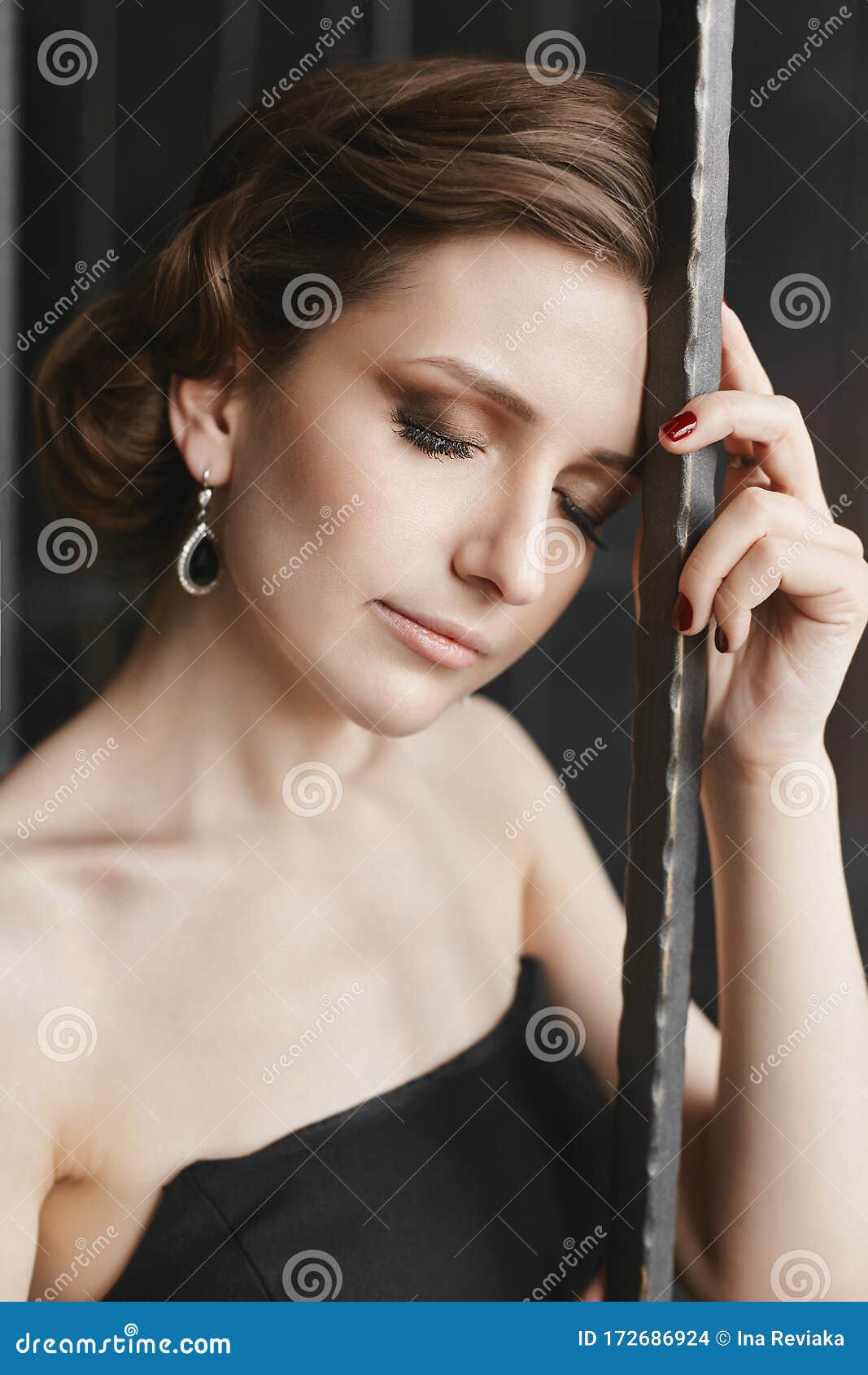 Portrait Of Young Brunette Woman With Beautiful Closed Eyes And Bright