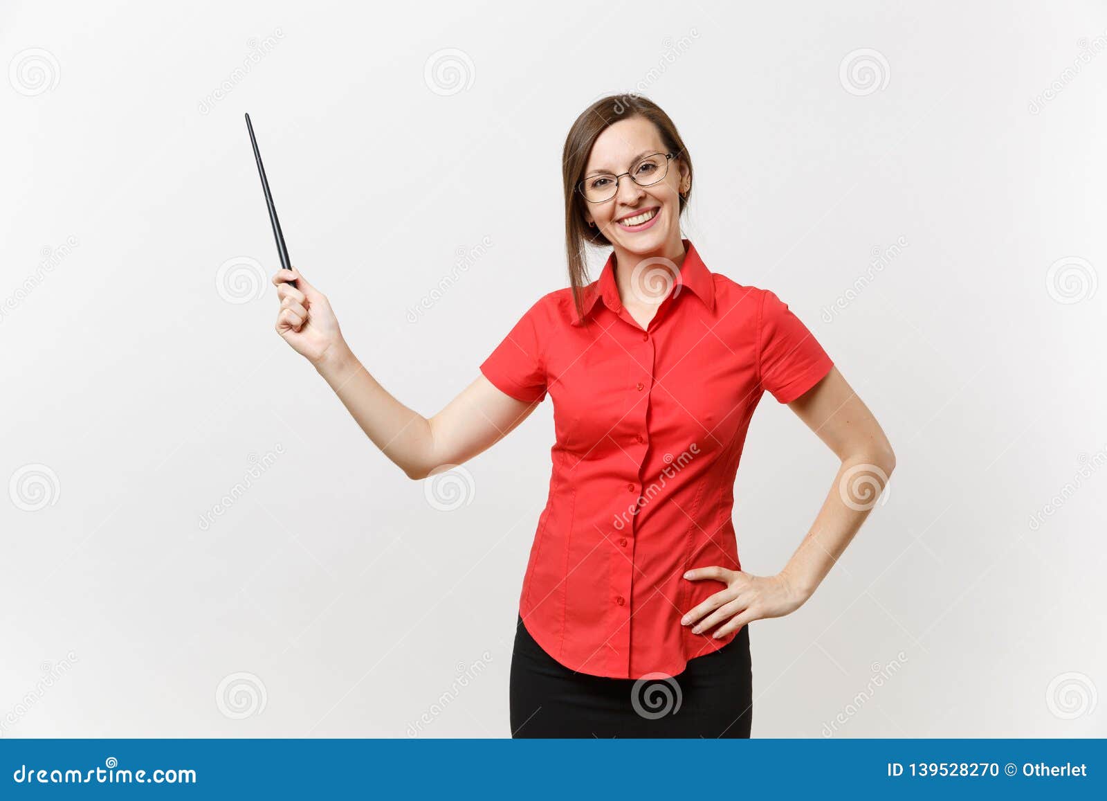 Portrait of Young Business Teacher Woman in Red Shirt Skirt Glasses ... Portrait of Young Business Teacher Woman in Red Shirt Skirt Glasses ...