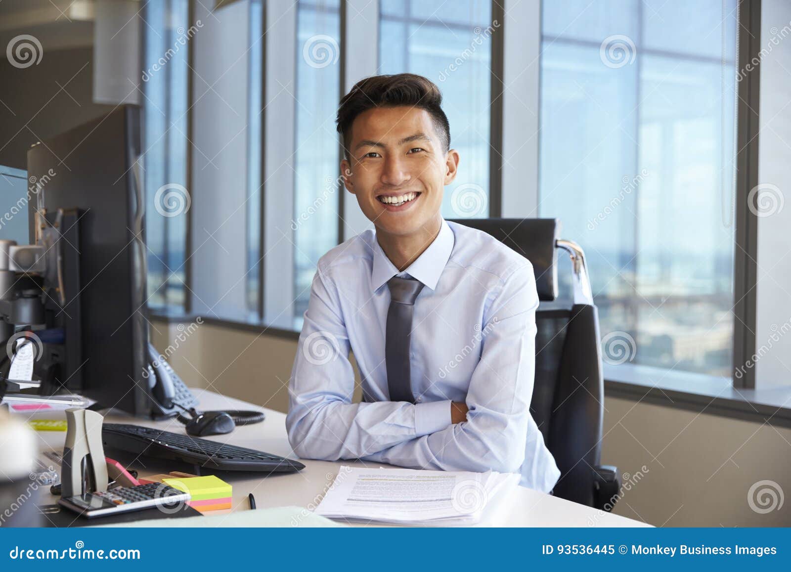Portrait of Young Businessman at Office Desk Using Computer Stock Image ...