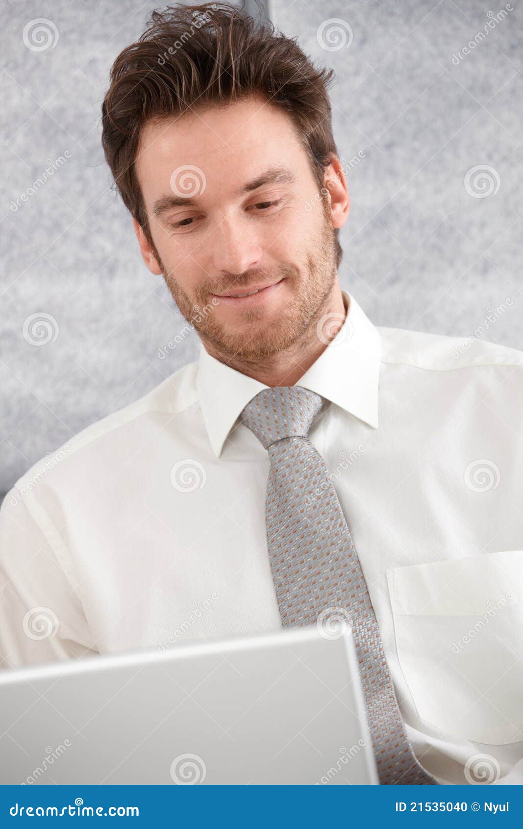 Portrait of Young Businessman Using Laptop Smiling Stock Photo - Image ...