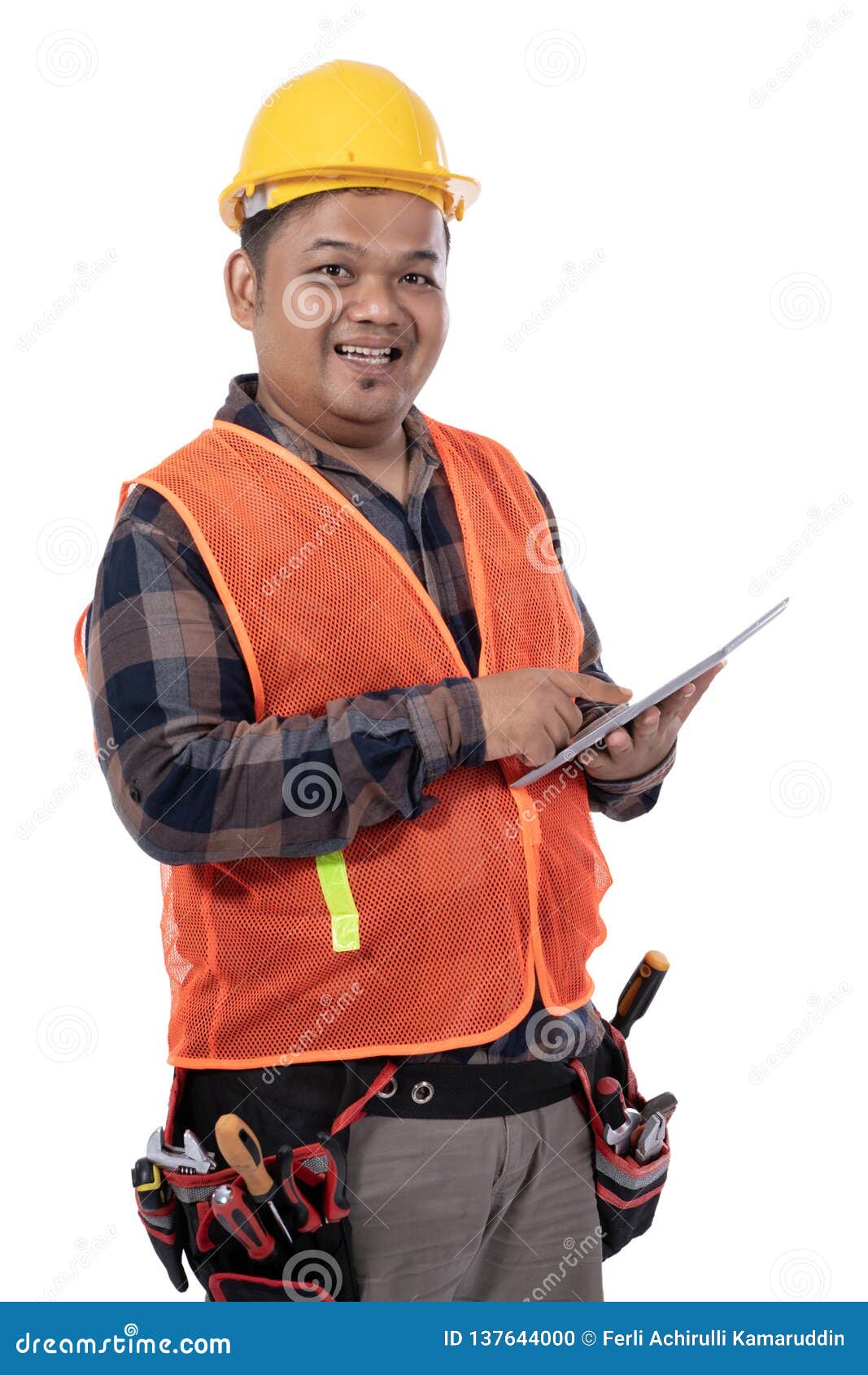 Portrait of Young Constructor from Side View Holding Digital Tablet ...