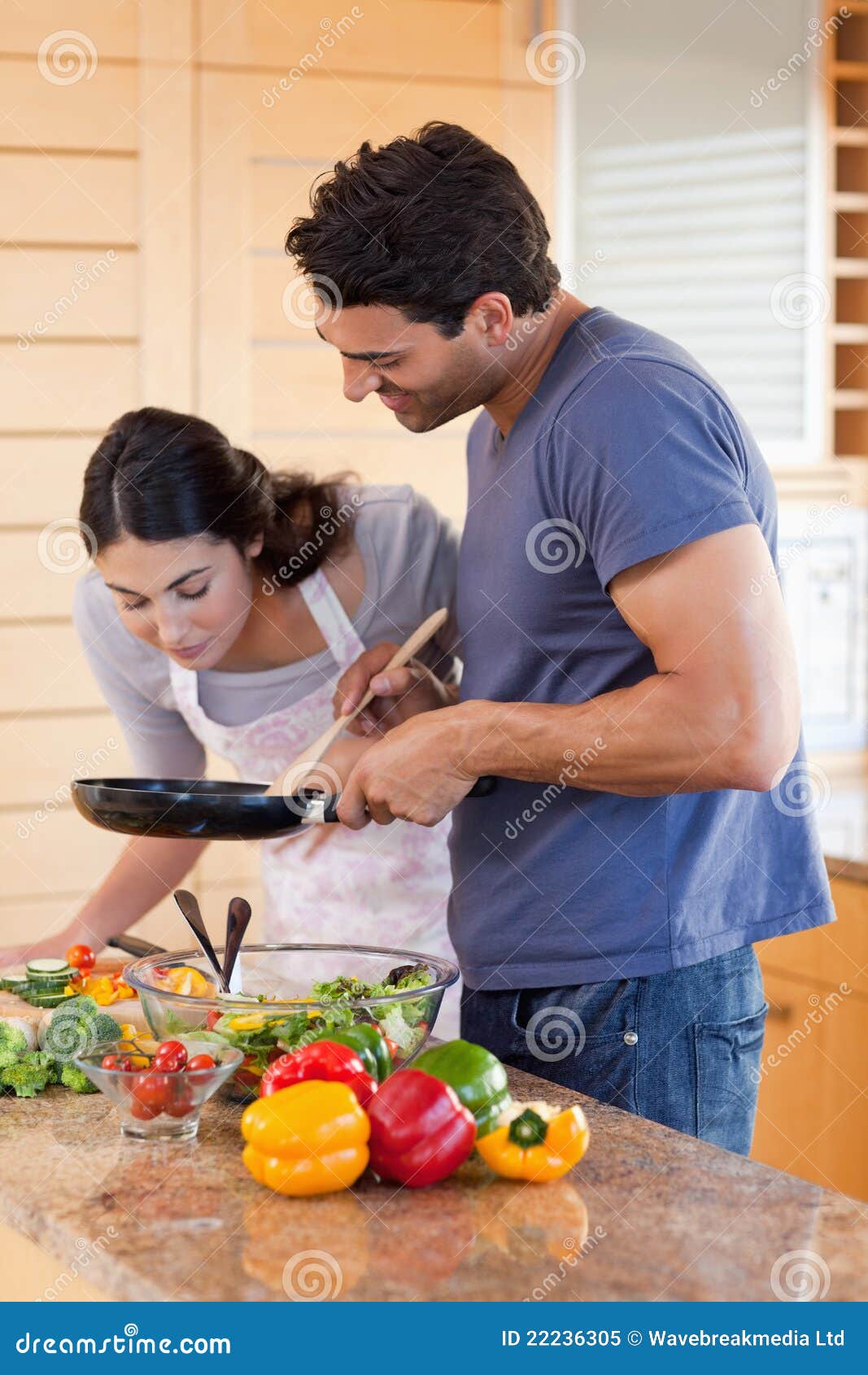 Portrait of a Young Couple Cooking with a Pan Stock Image - Image of ...