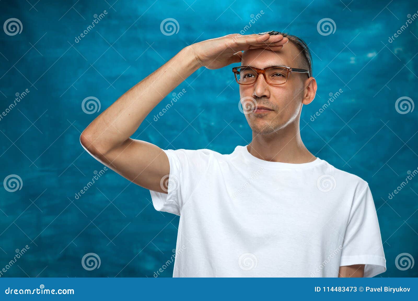 Cute Man Posing on Blue Background Stock Image - Image of indoors, male ...