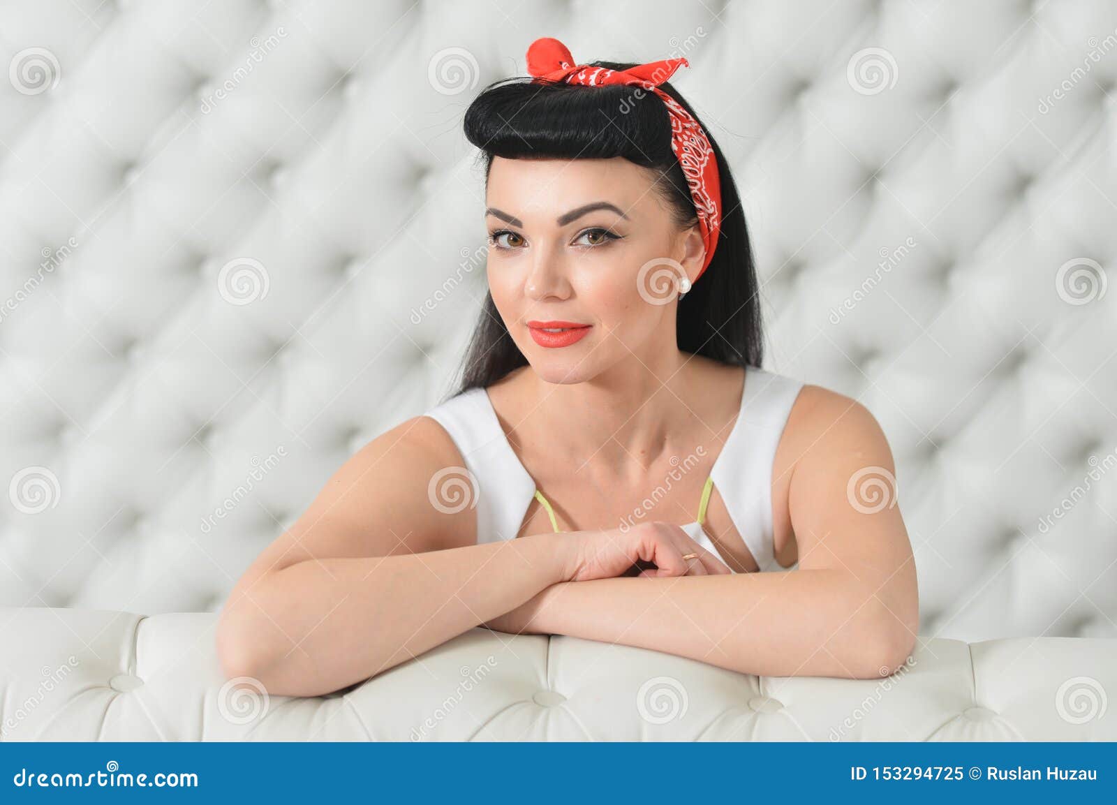 Portrait Of A Young Emotional Woman Posing Pin Up Style Stock Image