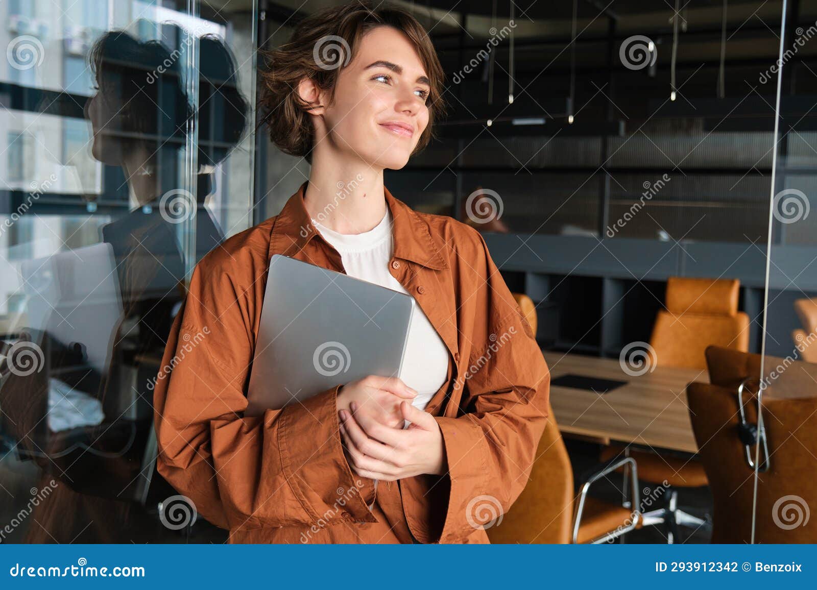 Portrait of Young Female Manager, Office Worker with Laptop, Digital ...