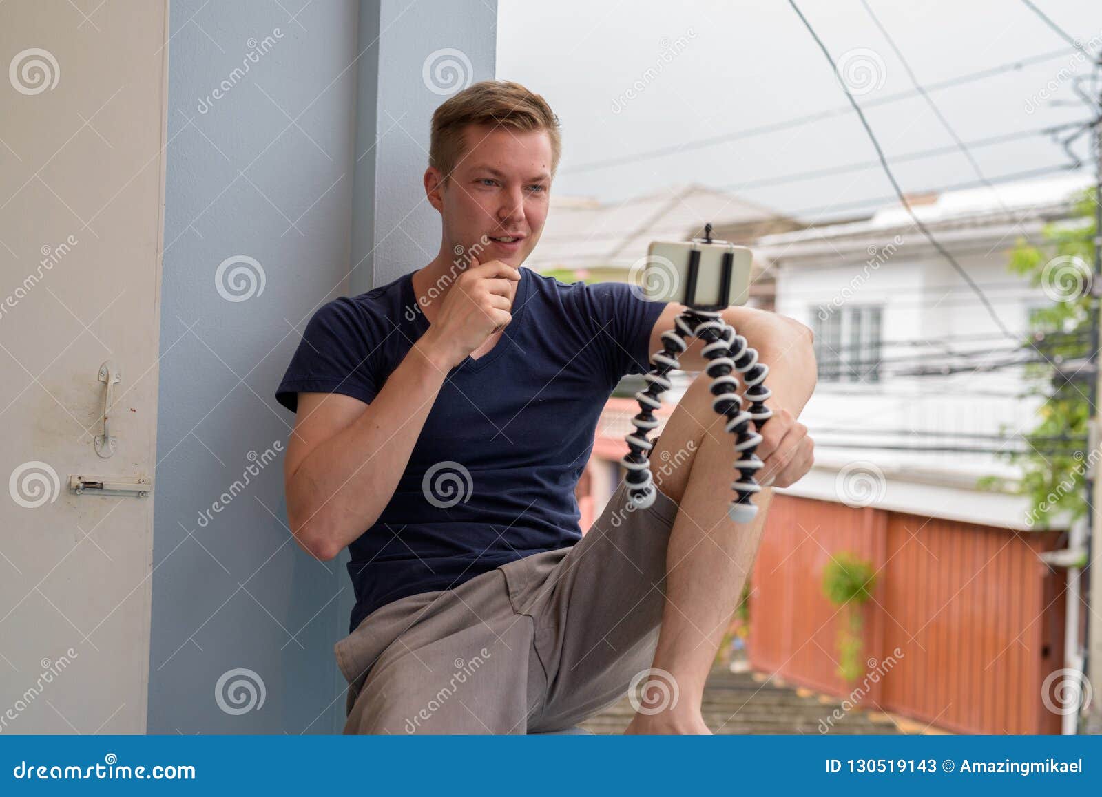 Portrait of Young Handsome Man Vlogging at Home Stock Image - Image of ...