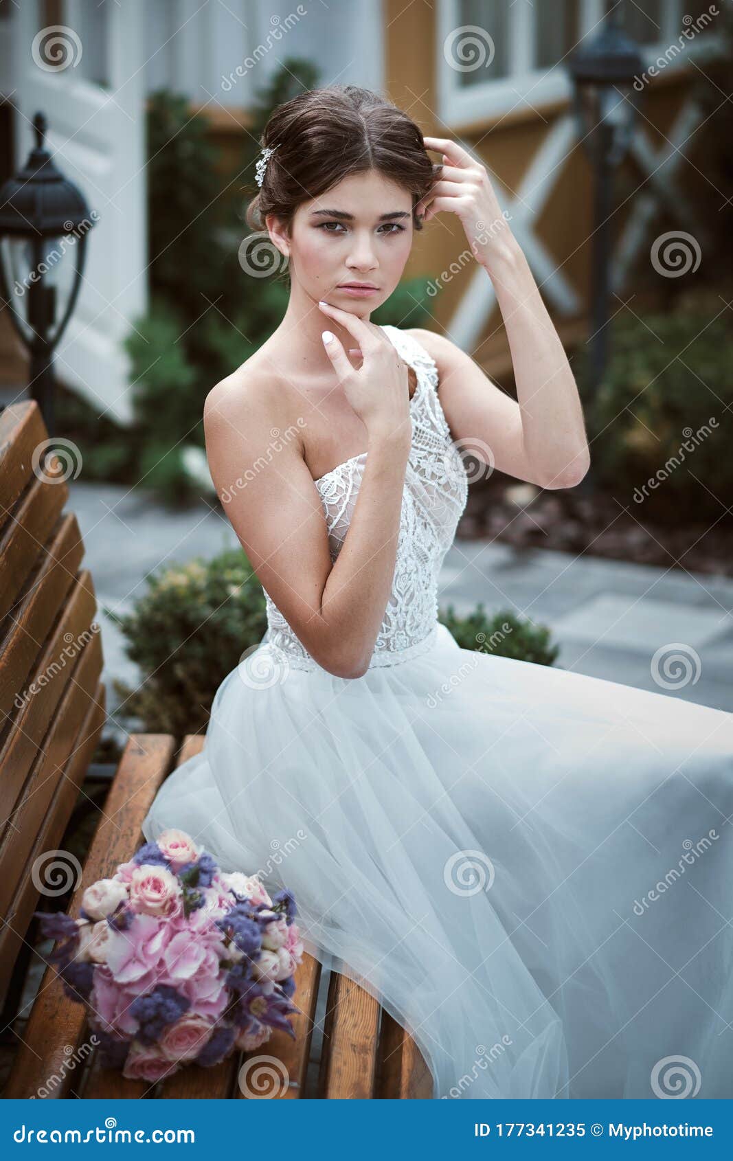 Portrait of Young Happy Bride with Bouquet Stock Image - Image of ...