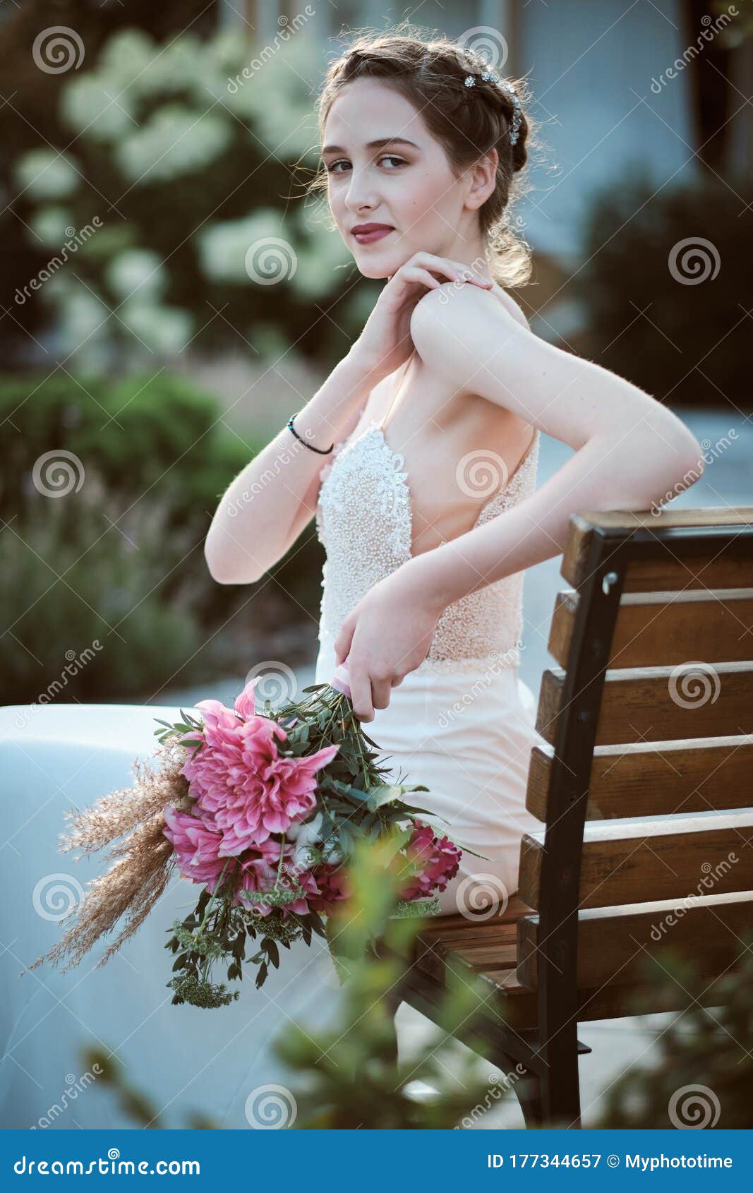 Portrait of Young Happy Bride with Bouquet Stock Image - Image of ...