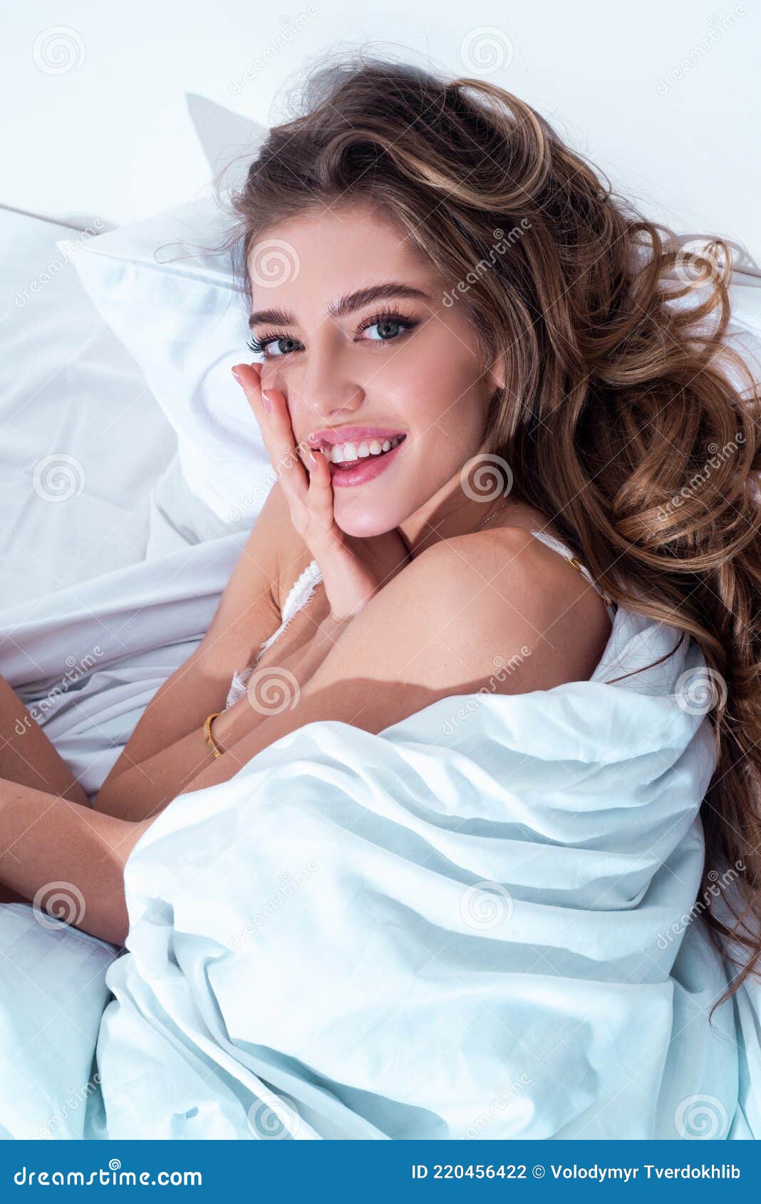 Portrait of Young Happy Woman in Bed. Stock Photo - Image of beautiful ...