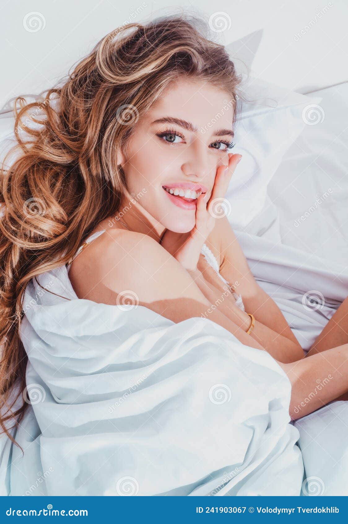 Portrait of Young Happy Woman in Bed. Stock Image - Image of healthy ...