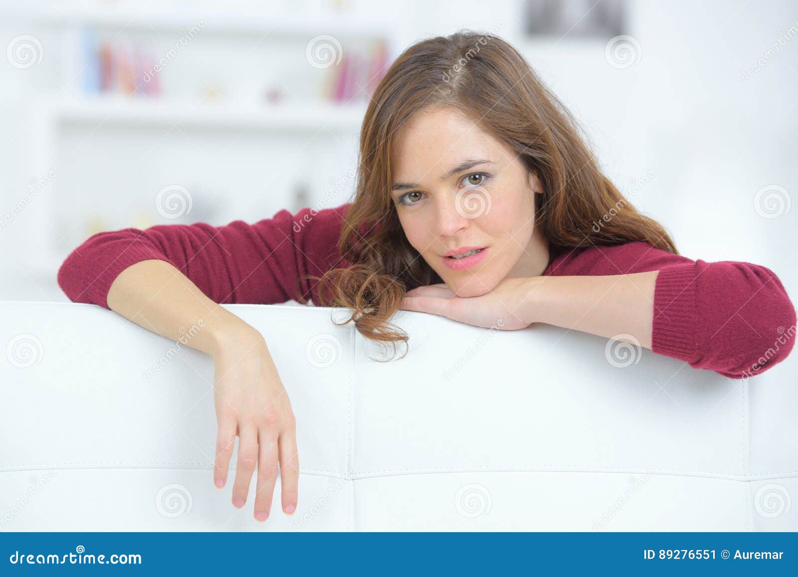 Portrait Young Lady Leaning Over Back Sofa Stock Image - Image of young ...