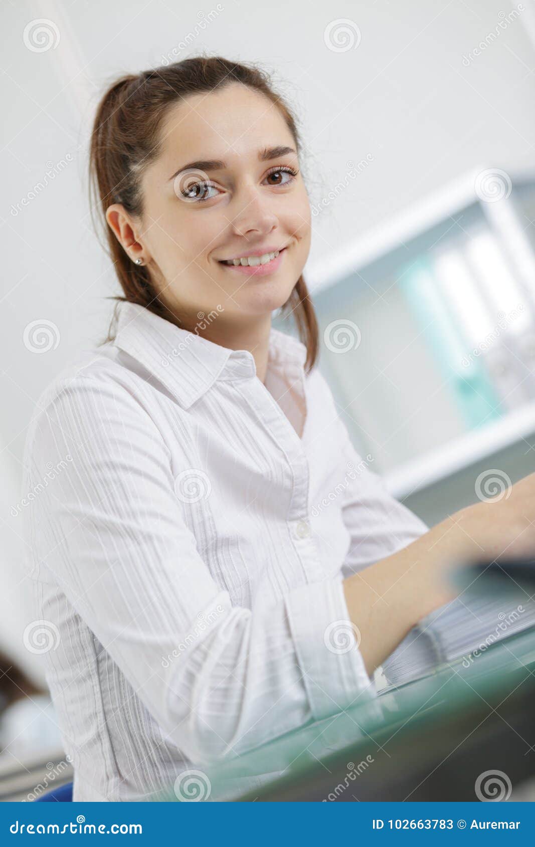Portrait Young Lady in Office Stock Image - Image of cheerful, female ...