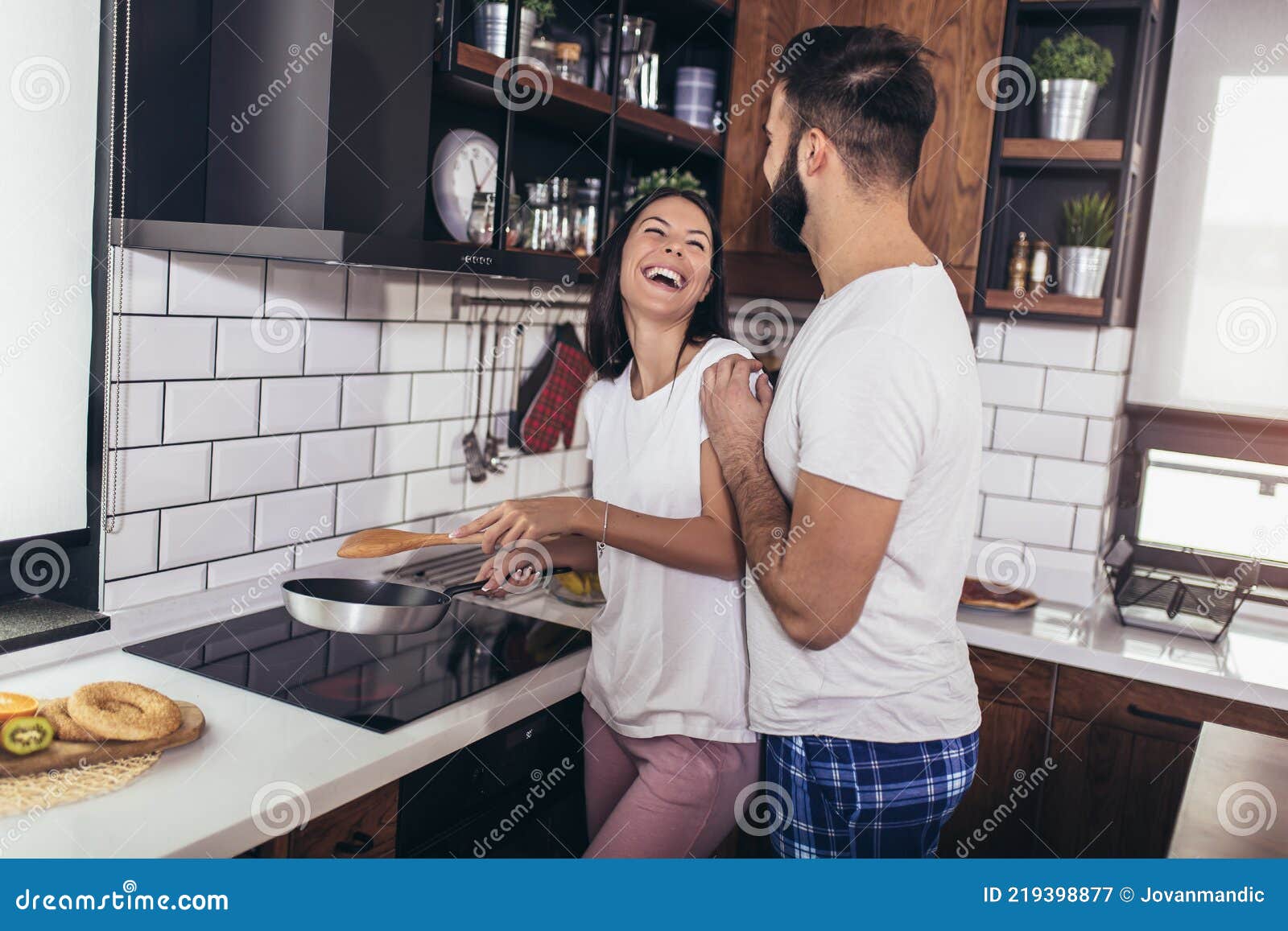 Young Loving Couple Making Breakfast at Home Stock Image - Image of ...