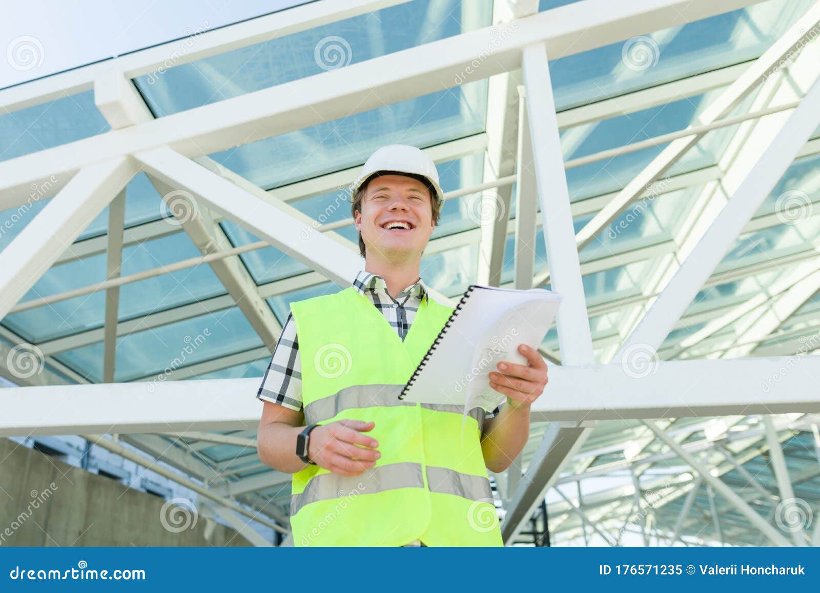 Portrait of Young Male Builder at Construction Site Stock Image - Image ...