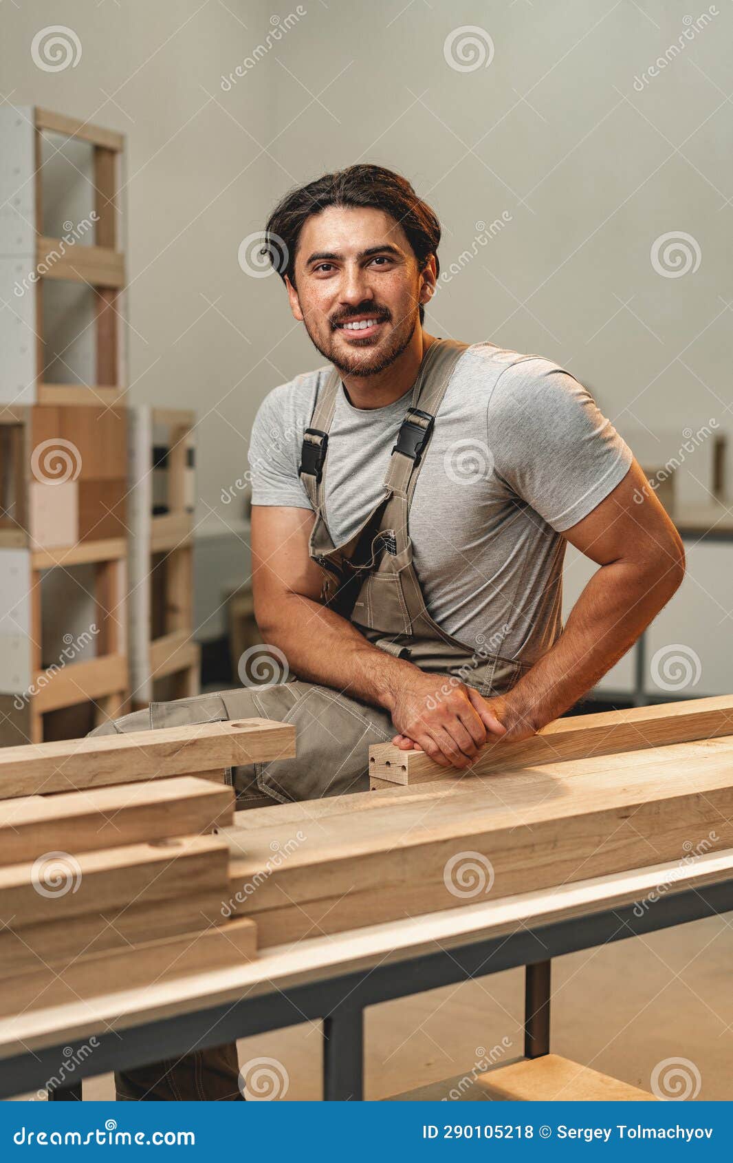 Portrait of Young Male Carpenter Standing in the Wood Workshop Stock ...