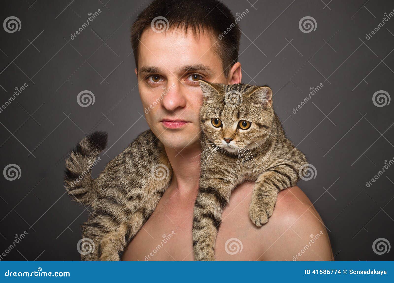 Portrait of a Young Man with a Cat Stock Photo - Image of domestic ...