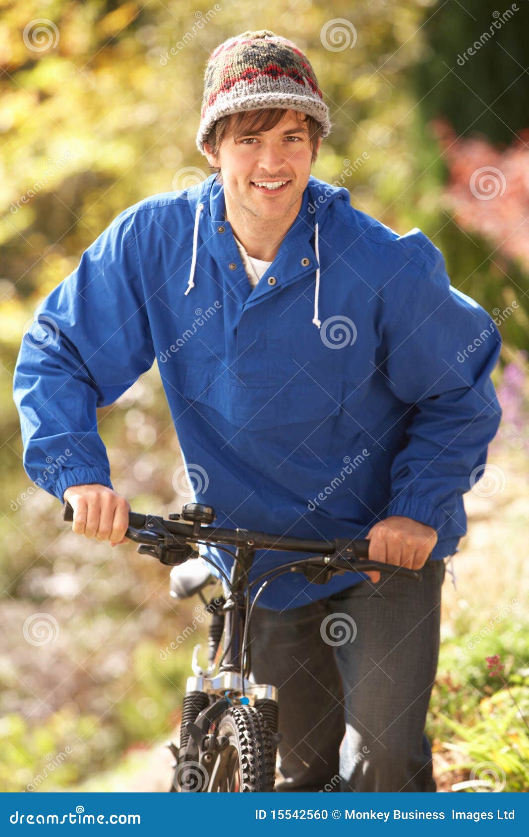 Portrait of Young Man with Cycle in Autumn Park Stock Photo - Image of ...