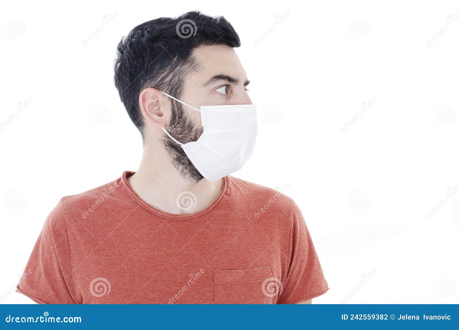 Portrait of Young Man with Face Mask Looking Side on Copy Space, 2019 ...