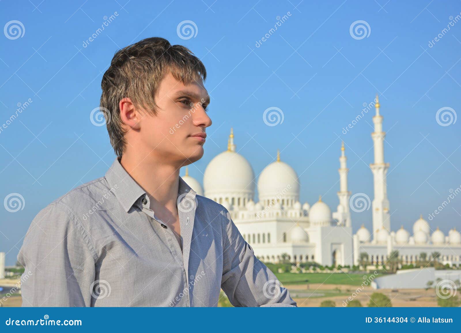 Portrait of a Young Man in Front of Mosque Stock Photo - Image of gold ...