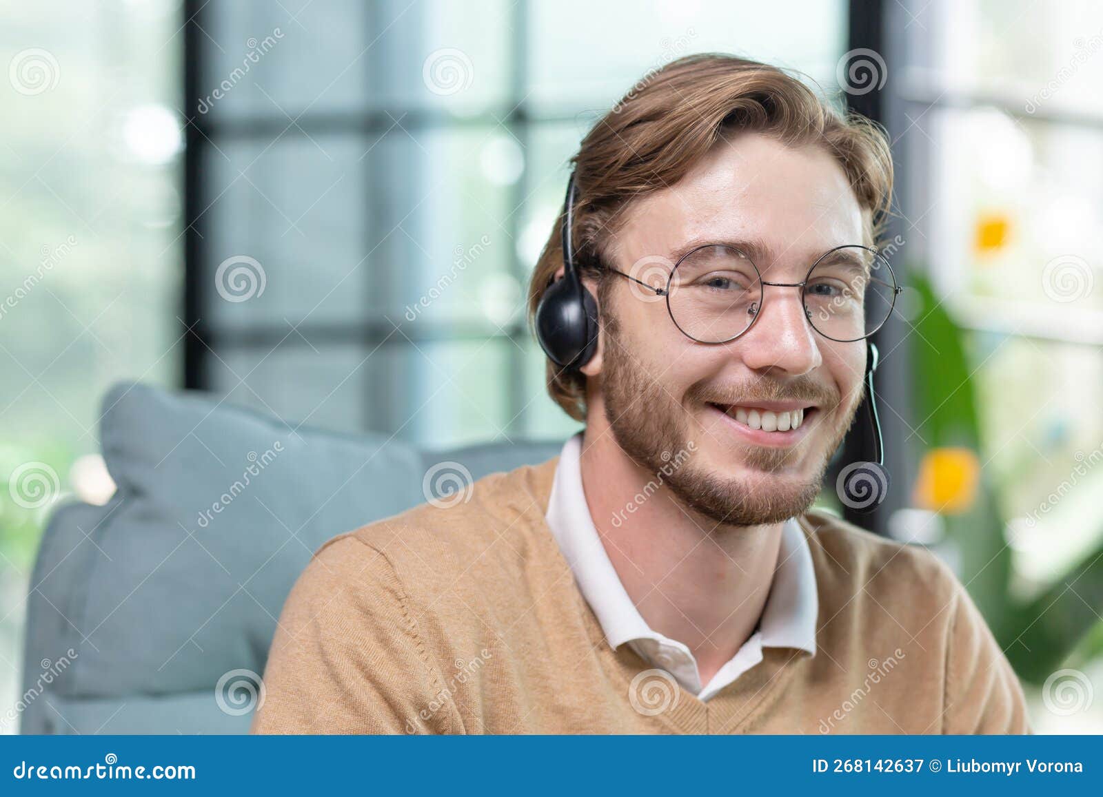 Portrait of Young Man with Headset for Video Call Inside Office, Close ...