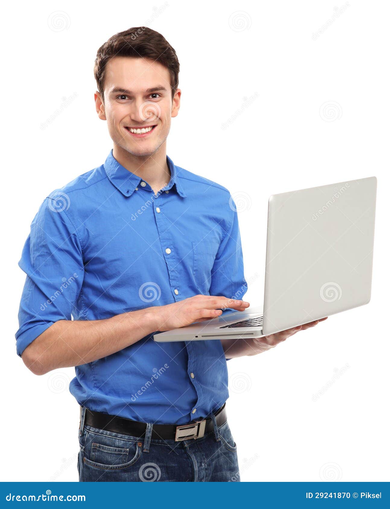 Portrait of Young Man Holding Laptop Stock Photo - Image of toothy ...
