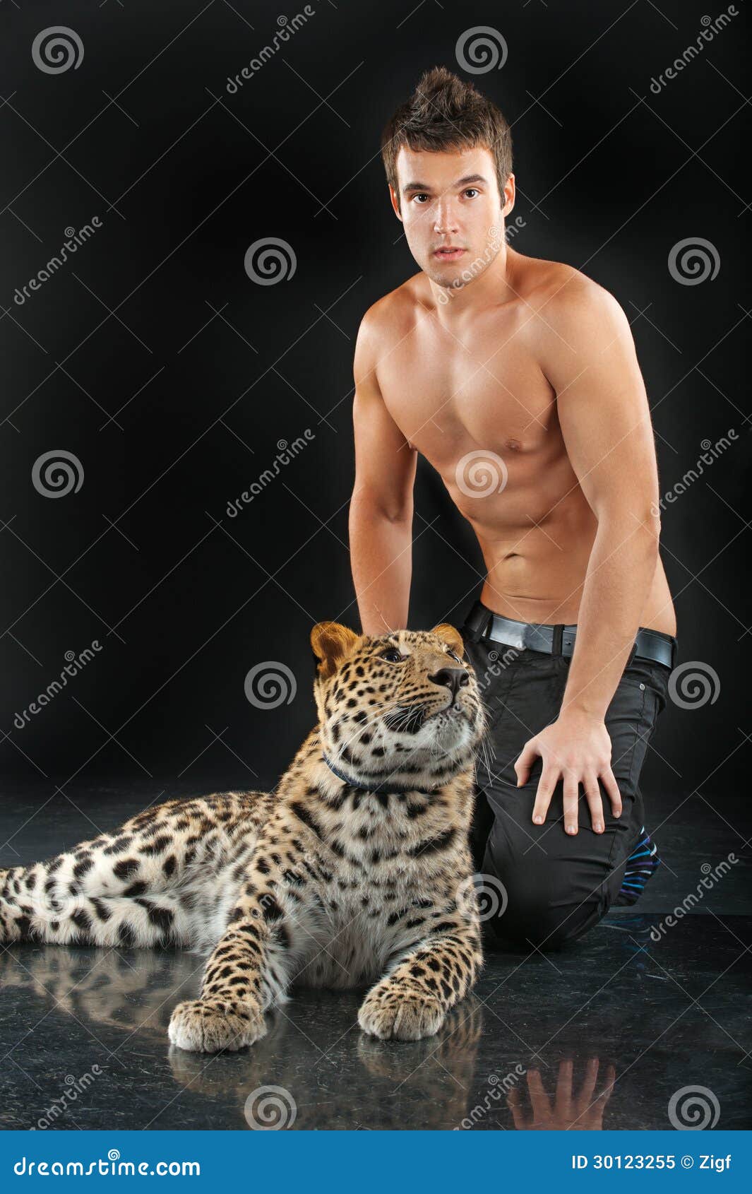 Young man with leopard stock image. Image of dangerous - 30123255