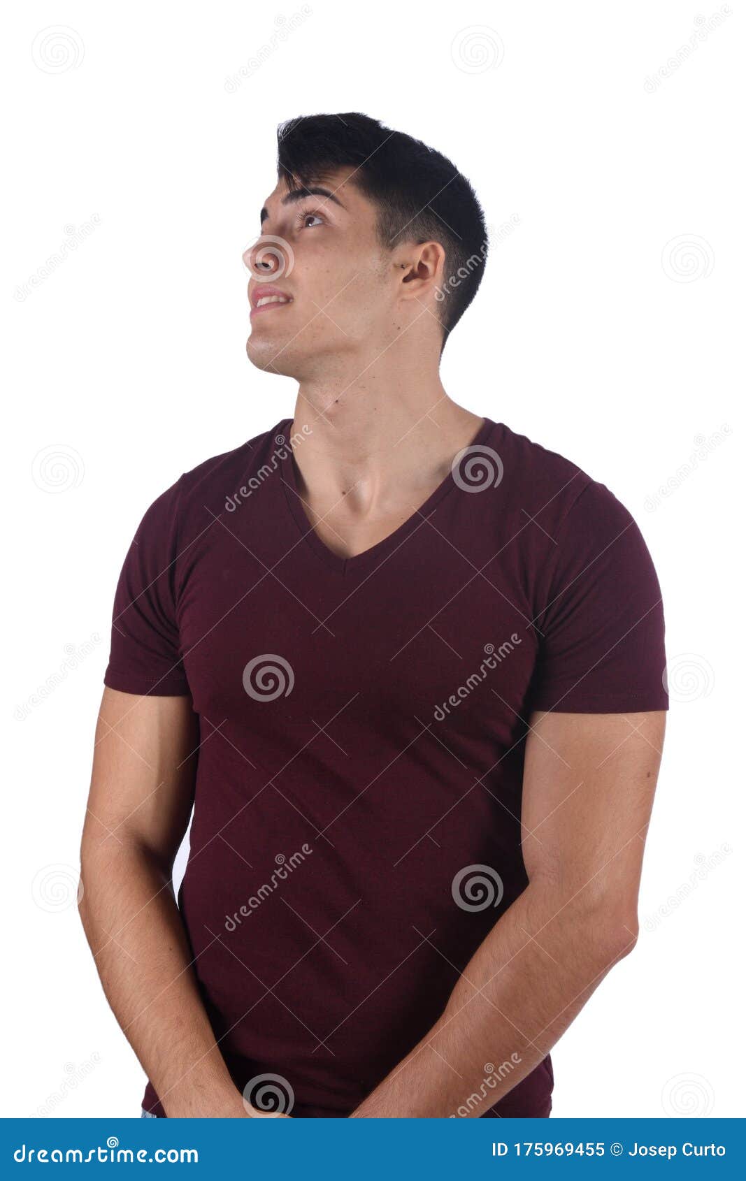 Portrait of a Young Man Look Up on White Background Stock Image - Image ...