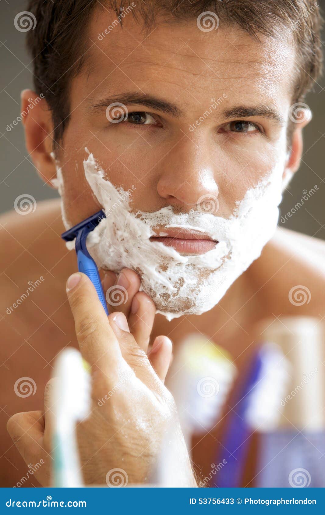 Portrait of Young Man Shaving Stock Image - Image of hygiene, head ...