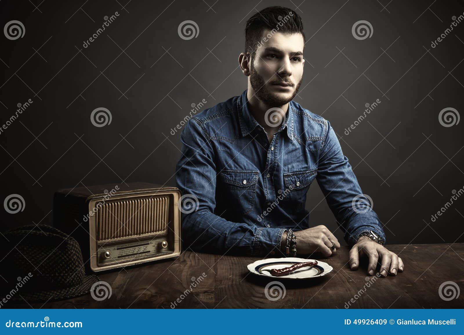 Portrait of Young Man Sitting at a Table, Vintage Style Stock Image ...