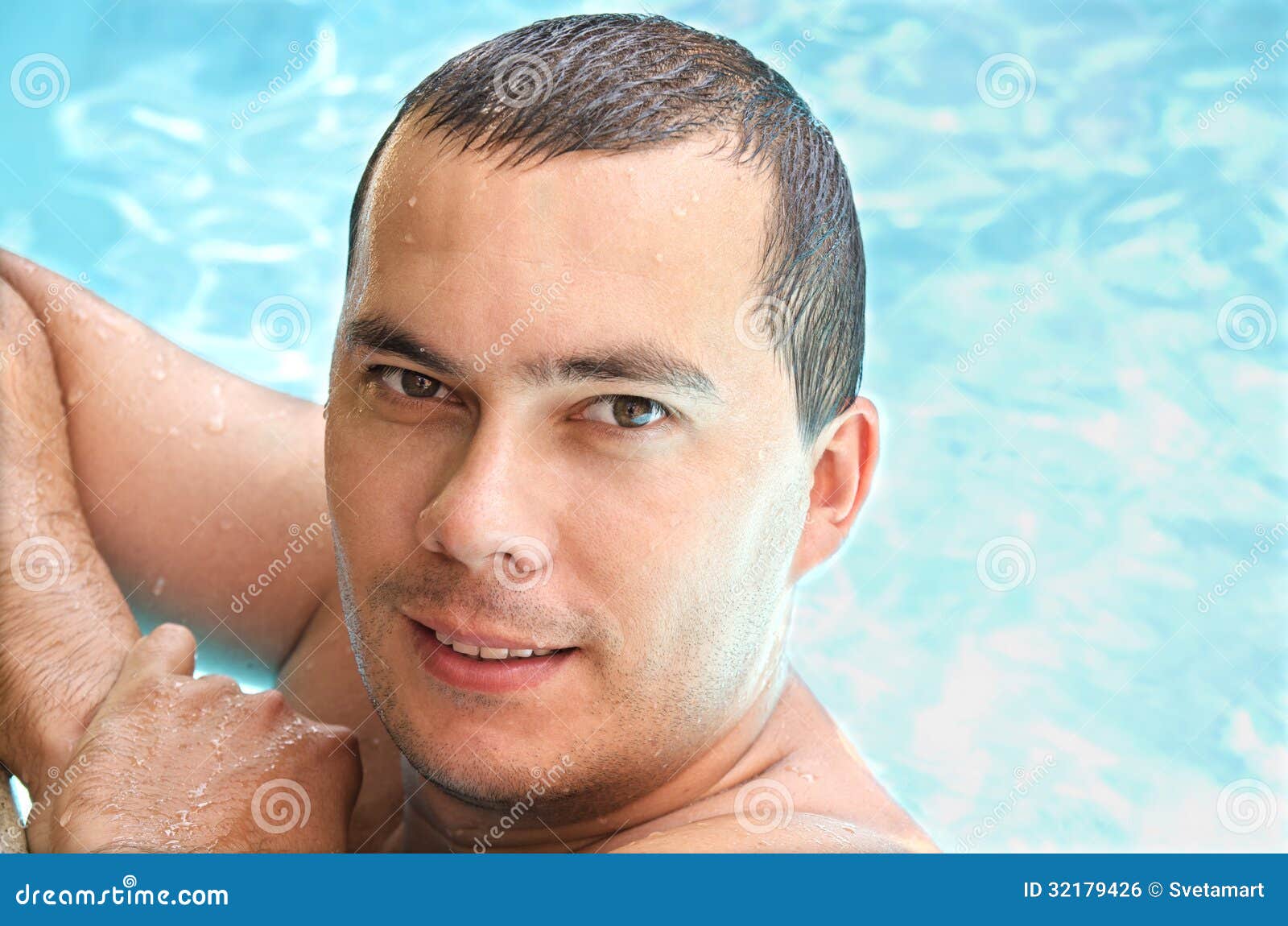 Portrait of a Young Man in Swimming Pool Stock Photo - Image of ...