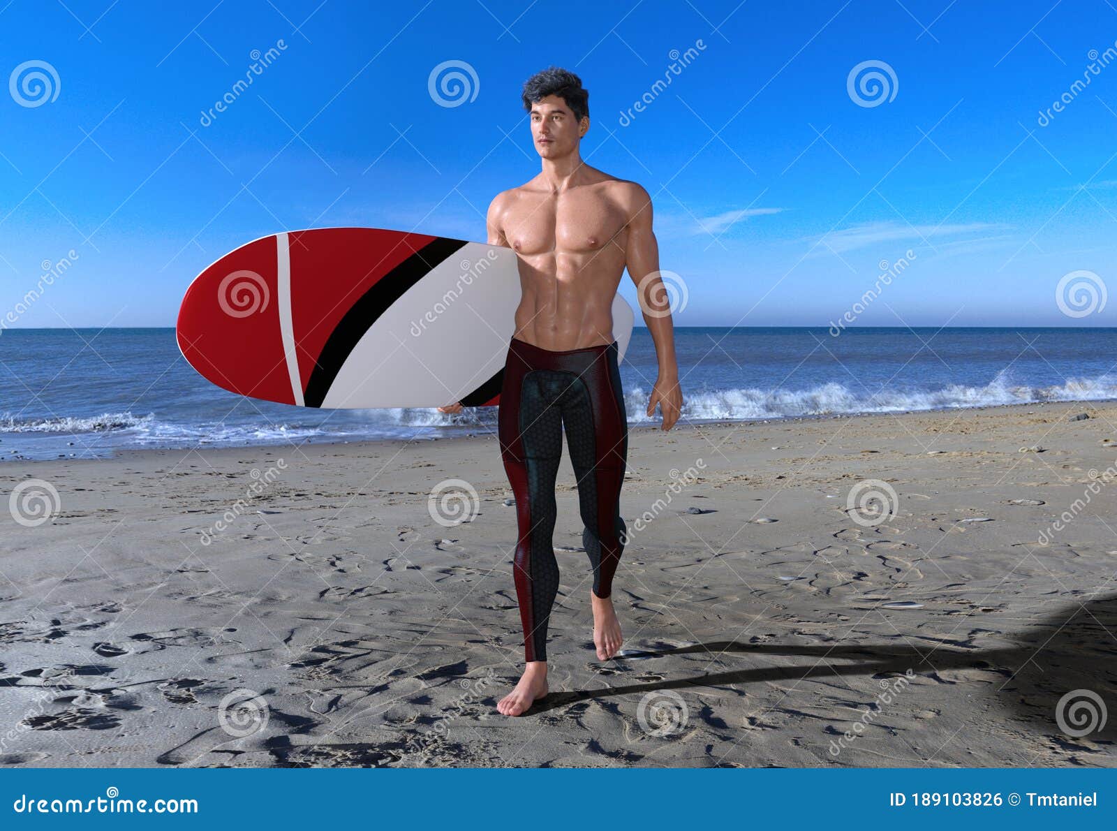 3D Render : the Portrait of a Young Mesomorph Man with a Surf Board ...