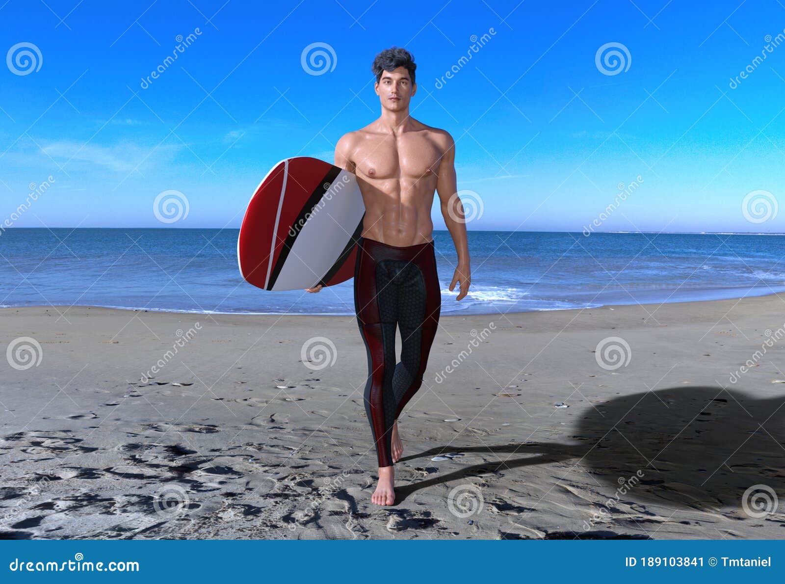 3D Render : The Portrait Of A Young Mesomorph Man With A Surf Board ...