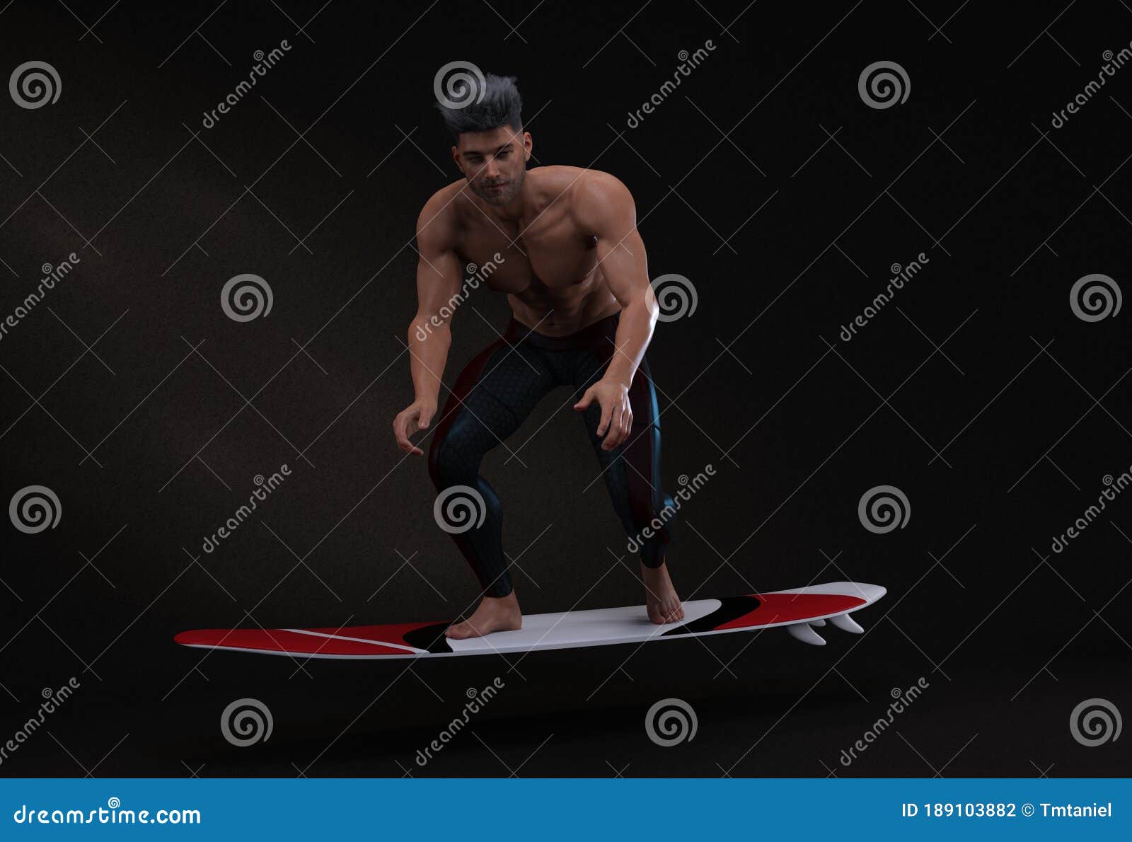 3D Render : the Portrait of a Young Mesomorph Man with a Surf Board ...