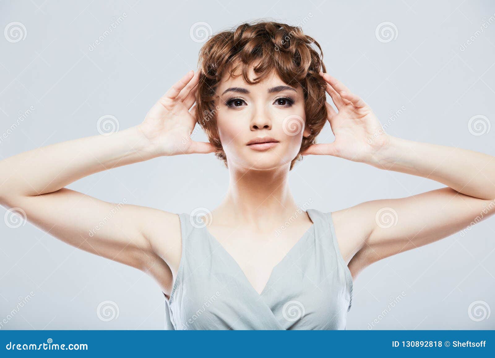 Portrait of Young Model Raised Hands. Stock Photo - Image of trendy ...