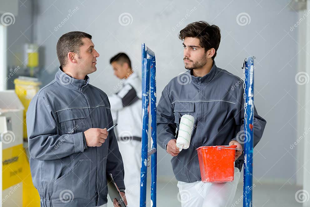Portrait Young Painter Talking Manager Stock Photo - Image of painter ...