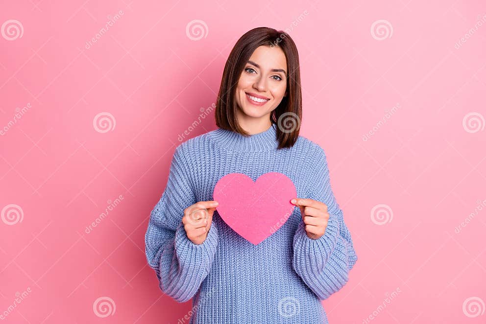 Portrait Of Young Peaceful Cute Girl Wear Knitted Jumper Looking You