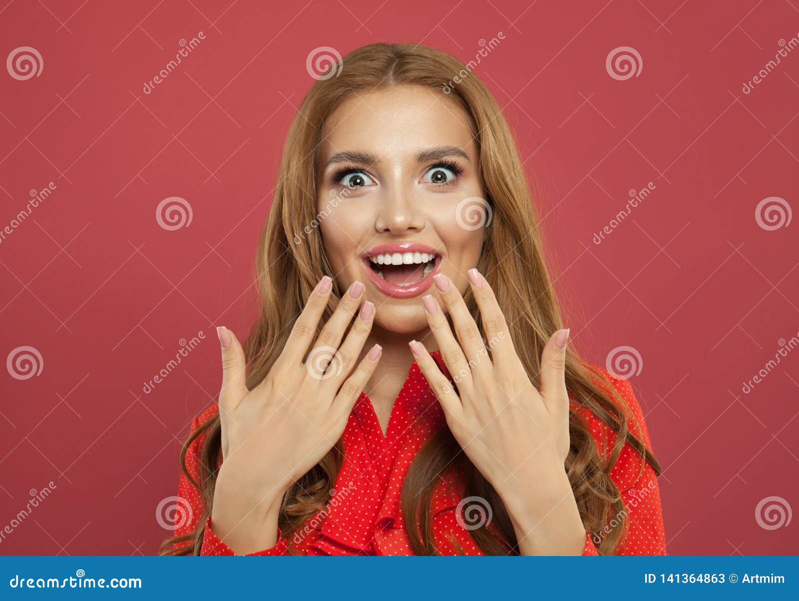 Portrait Of Young Pretty Excited Surprised Woman Laughing On Colorful