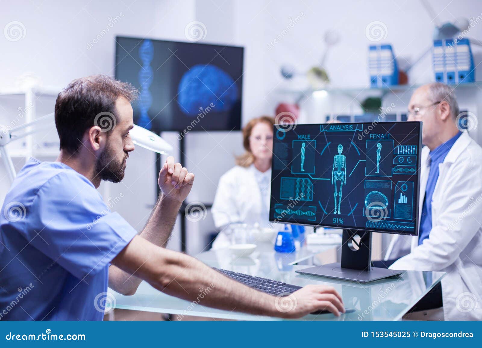 Portrait of Young Scientist Looking at Monitor Computer Checking Male ... Portrait of Young Scientist Looking at Monitor Computer Checking Male ...