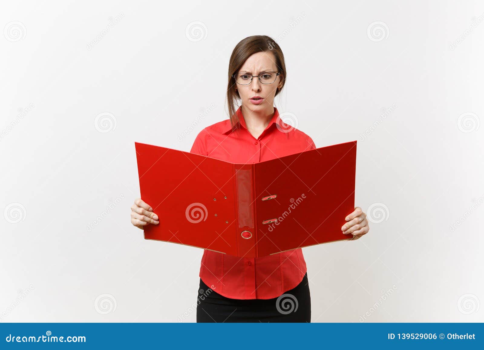 Portrait Of Young Shocked Sad Business Teacher Woman In Red Shirt