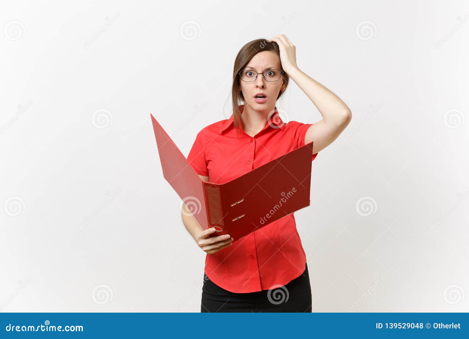 Portrait Of Young Shocked Sad Business Teacher Woman In Red Shirt