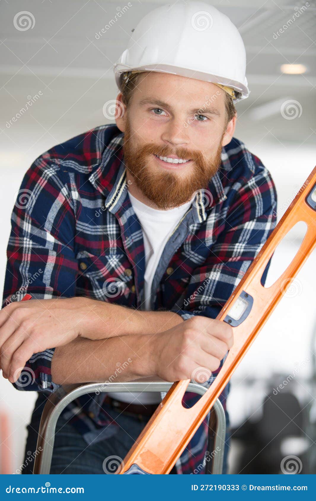 Portrait Young Smiling Man Holding Level Stock Image - Image of tool ...