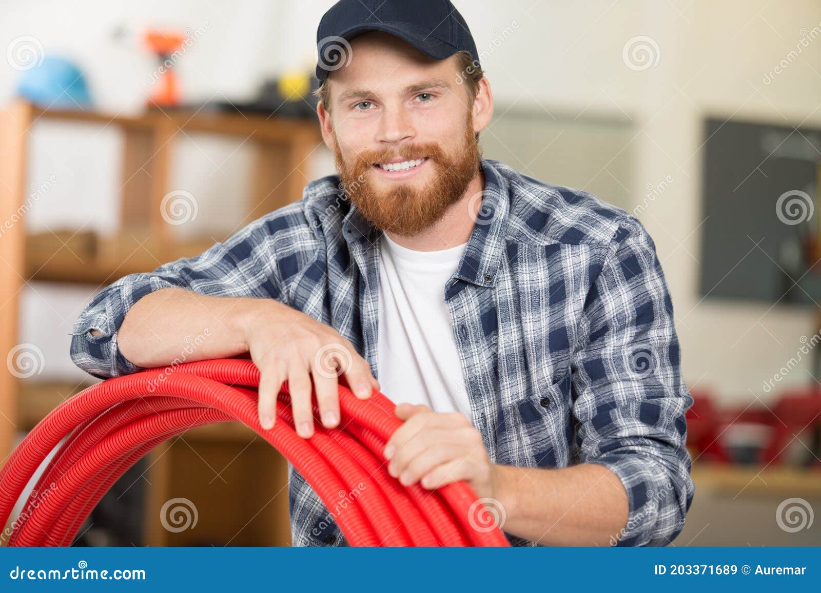Portrait Young Smiling Plumber Stock Image - Image of portrait, pipes ...