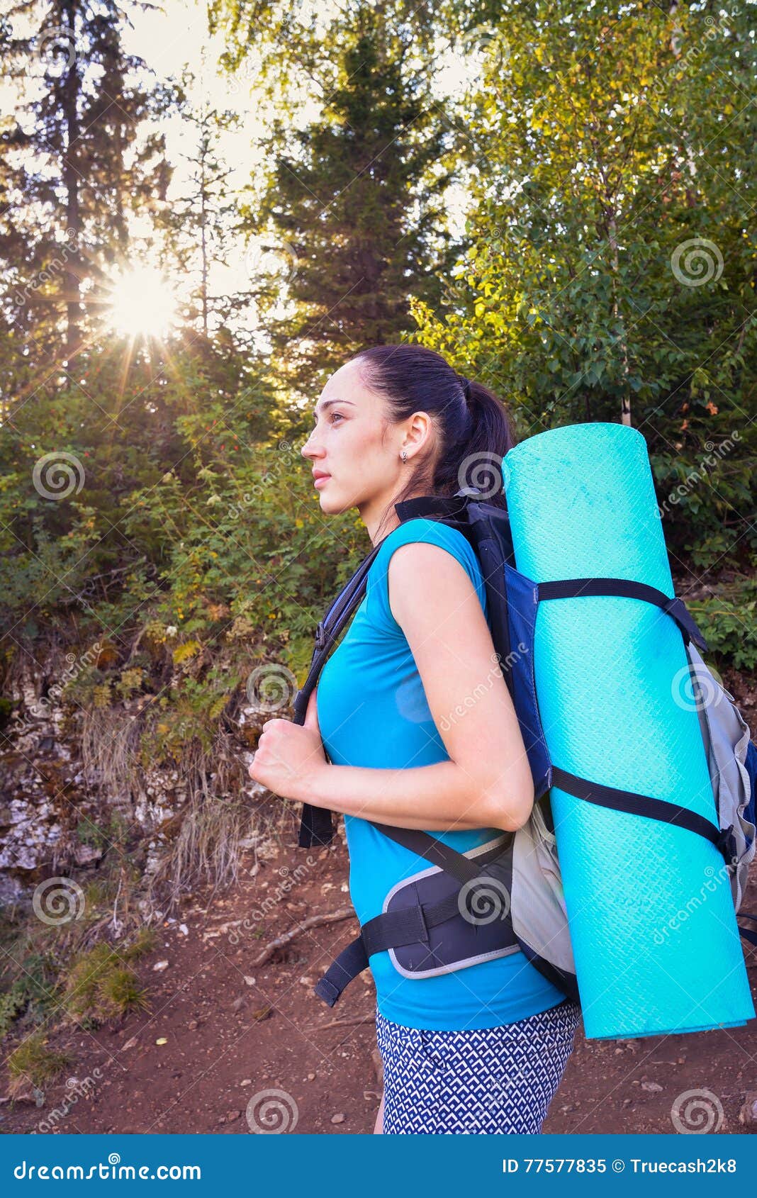 Portrait of a Young Woman Backpacker with Backpack in Forest, Profile ...