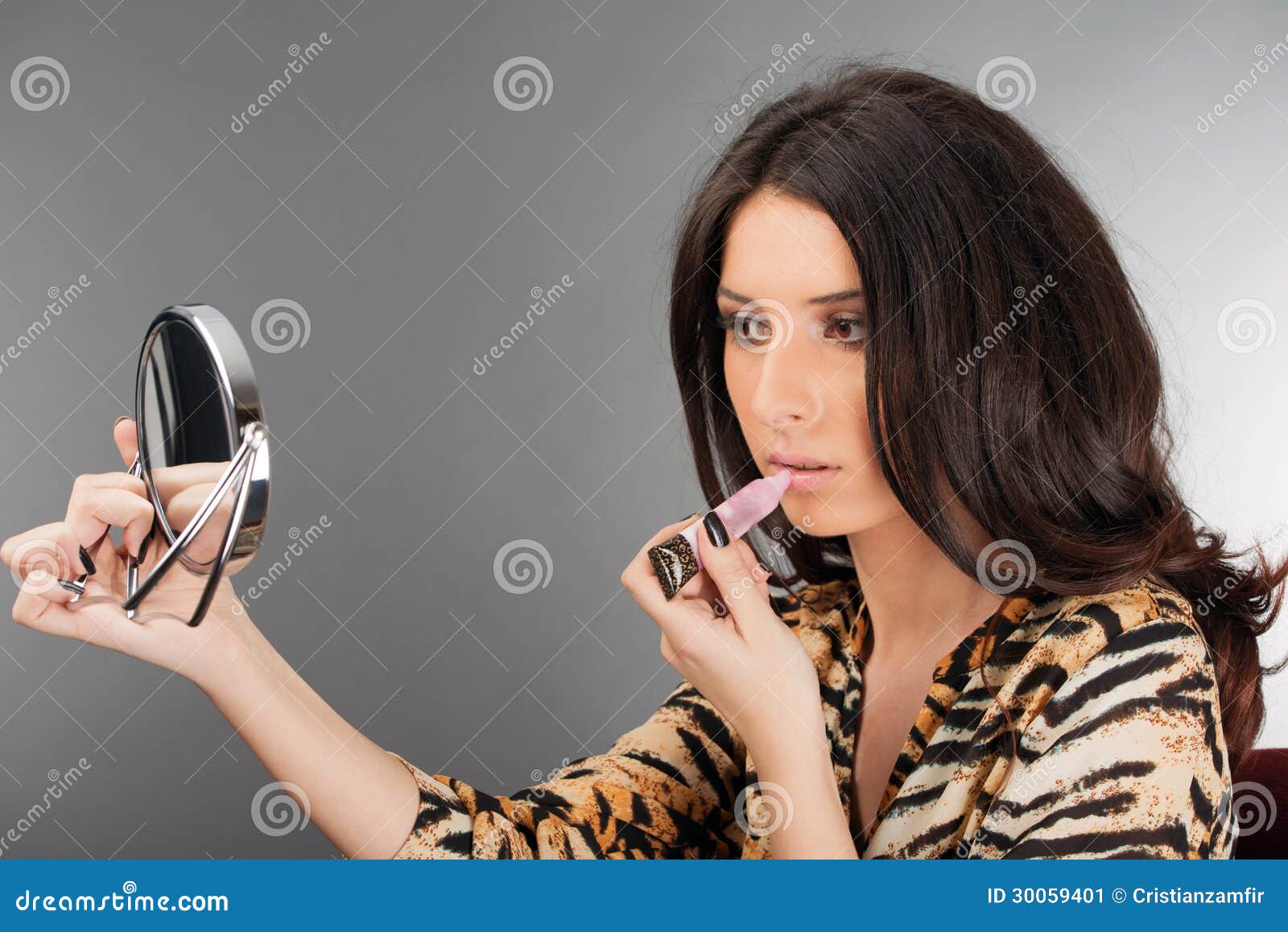 Portrait of Woman Makes Lips in the Mirror Stock Image - Image of ...