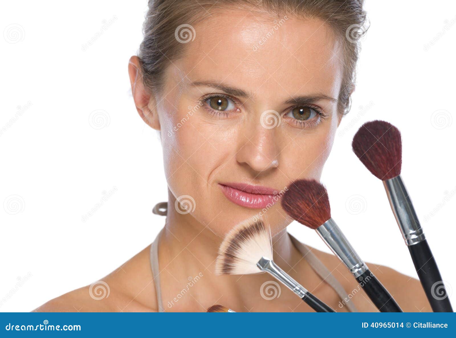 Portrait of Young Woman with Makeup Brushes Stock Photo - Image of ...