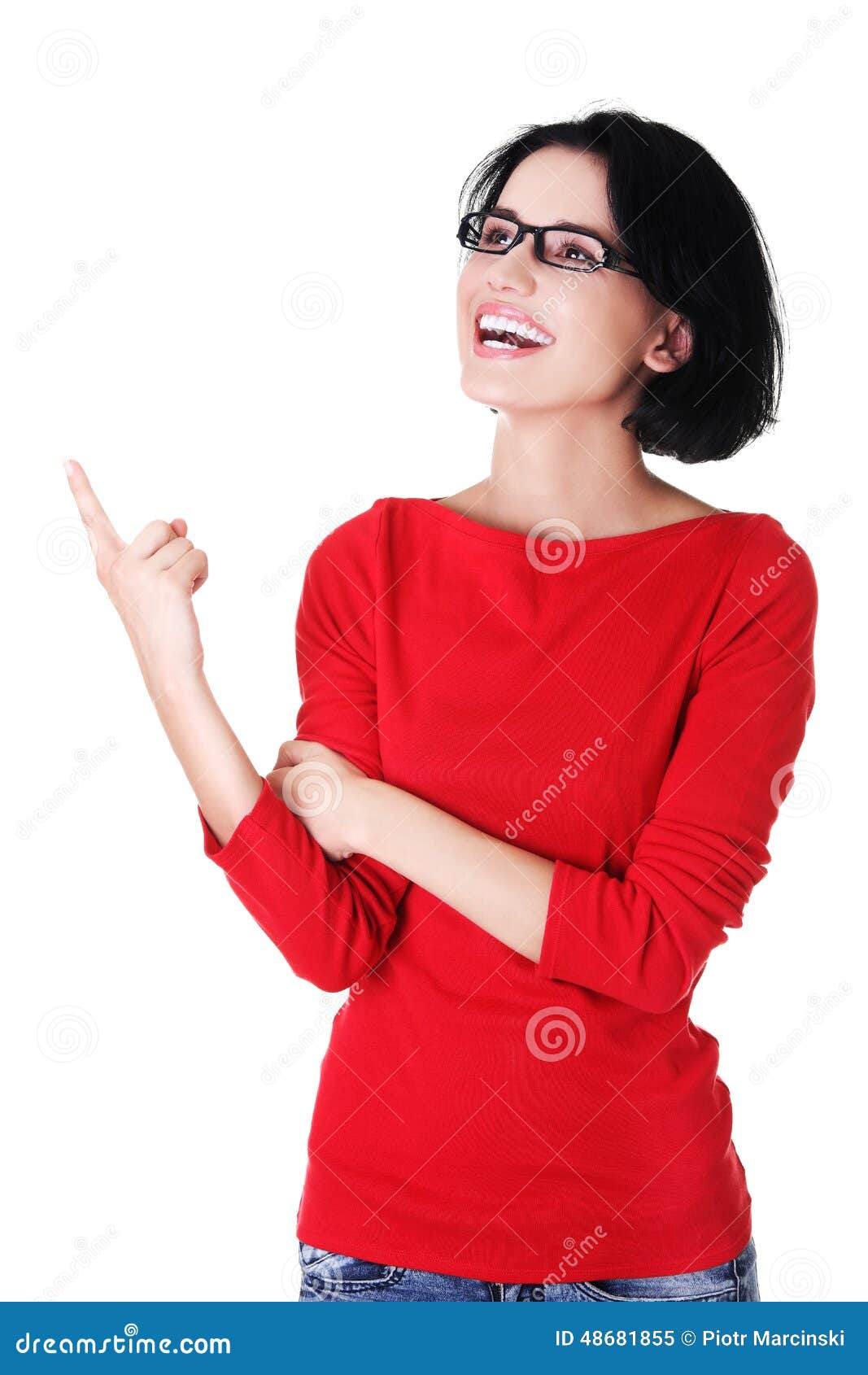 Portrait of Young Woman Pointing Up Stock Image - Image of adorable ...