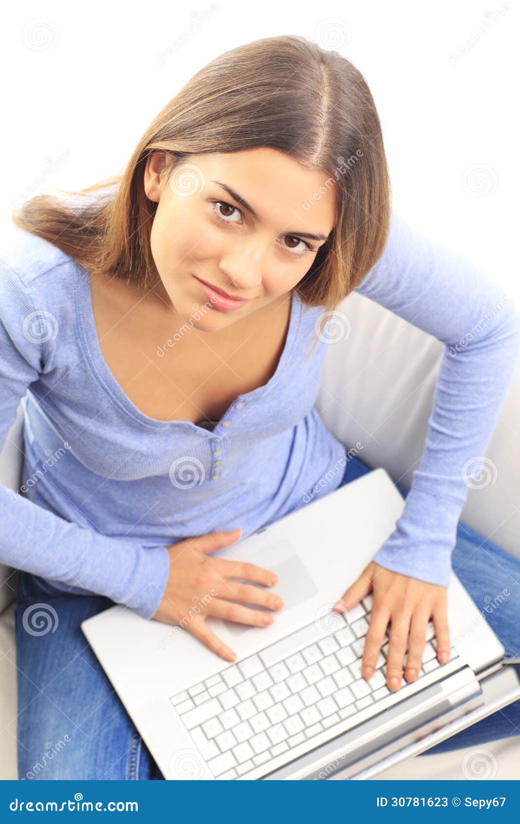 Portrait of Young Woman Using Laptop at Home Stock Image - Image of ...