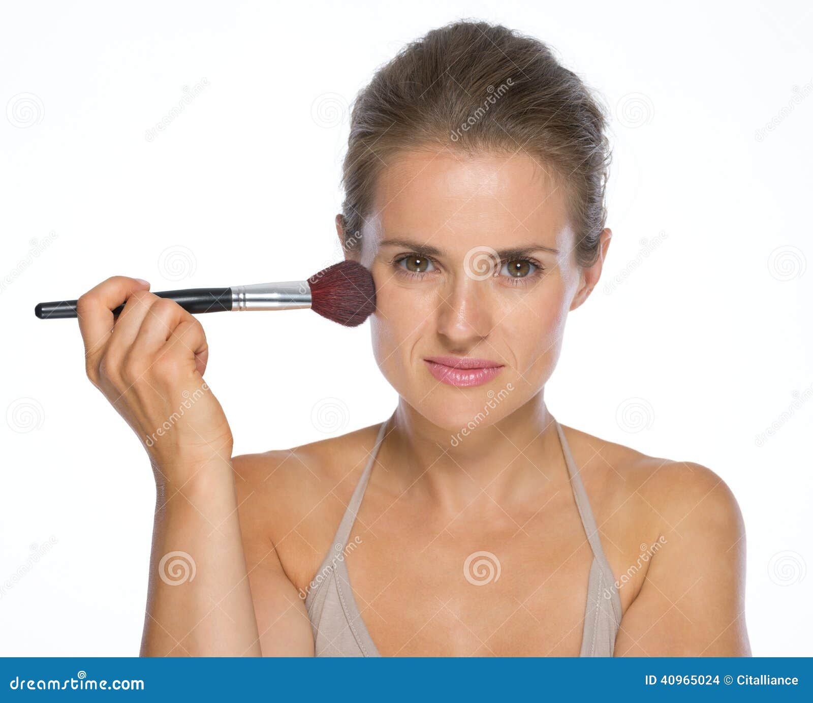 Portrait of Young Woman Using Makeup Brush Stock Photo - Image of ...